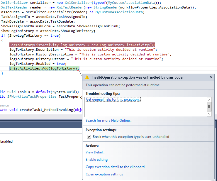 Error: "This operation can not be performed at runtime" when adding ...